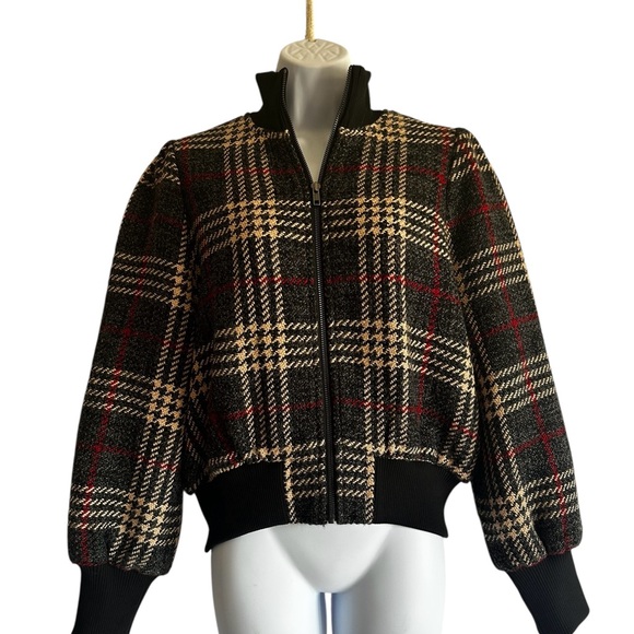 Express | Jackets & Coats | Express Plaid Bomber Jacket Black Red Cream ...